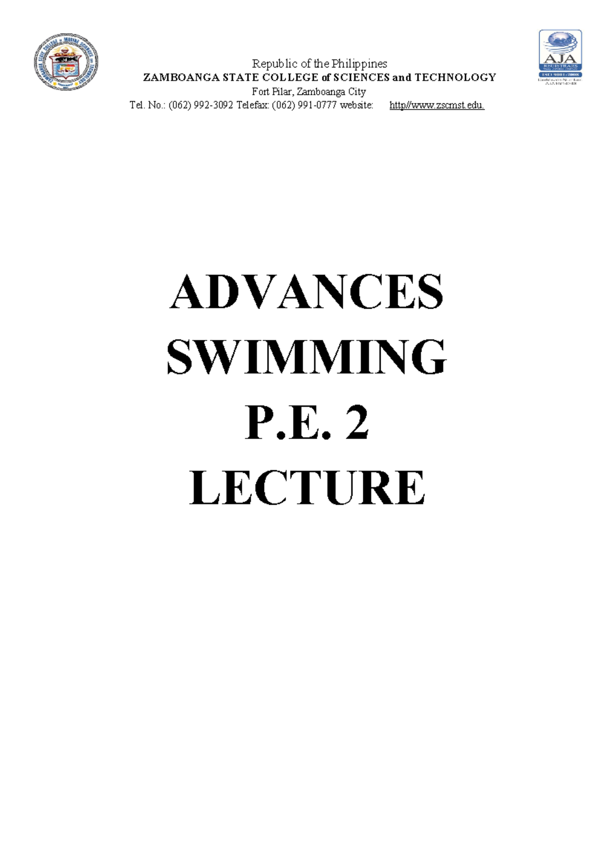 Advance-swimming-handouts - Republic of the Philippines ZAMBOANGA STATE ...