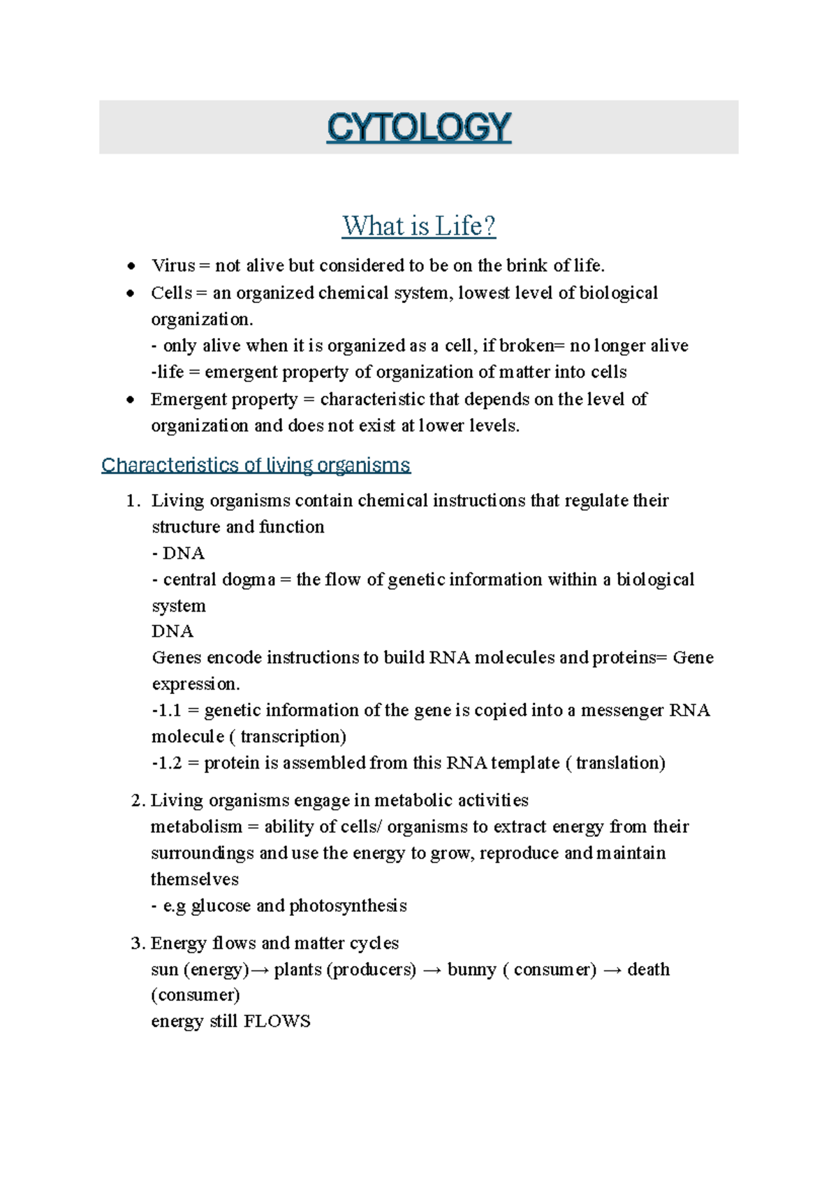 Cytology Lectures - lecture notes detailed - What is Life? Virus = not ...