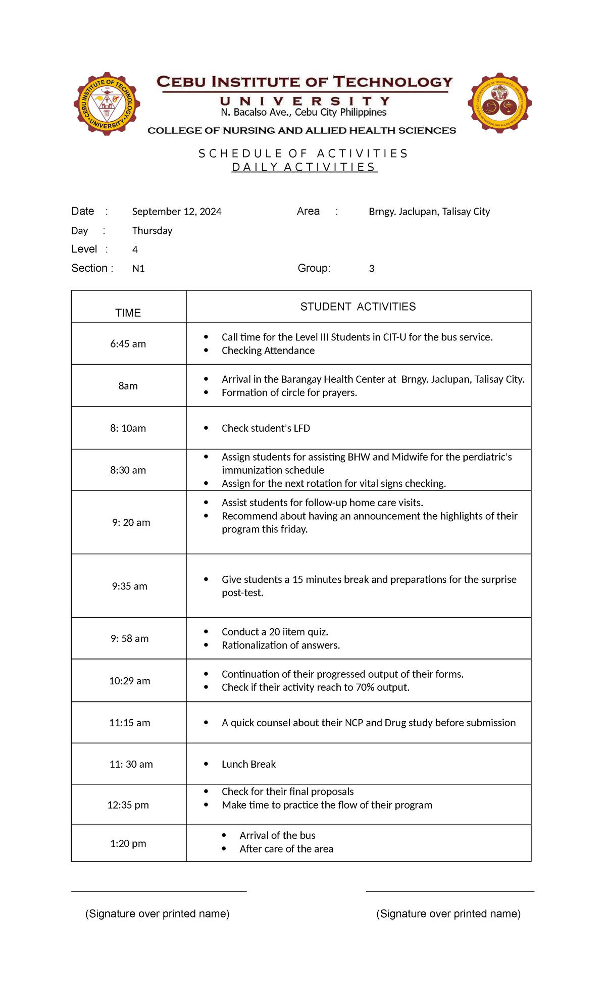 Level 4 PCI Activity FORM CHN Setting 1 - S C H E D U L E O F A C T I V ...