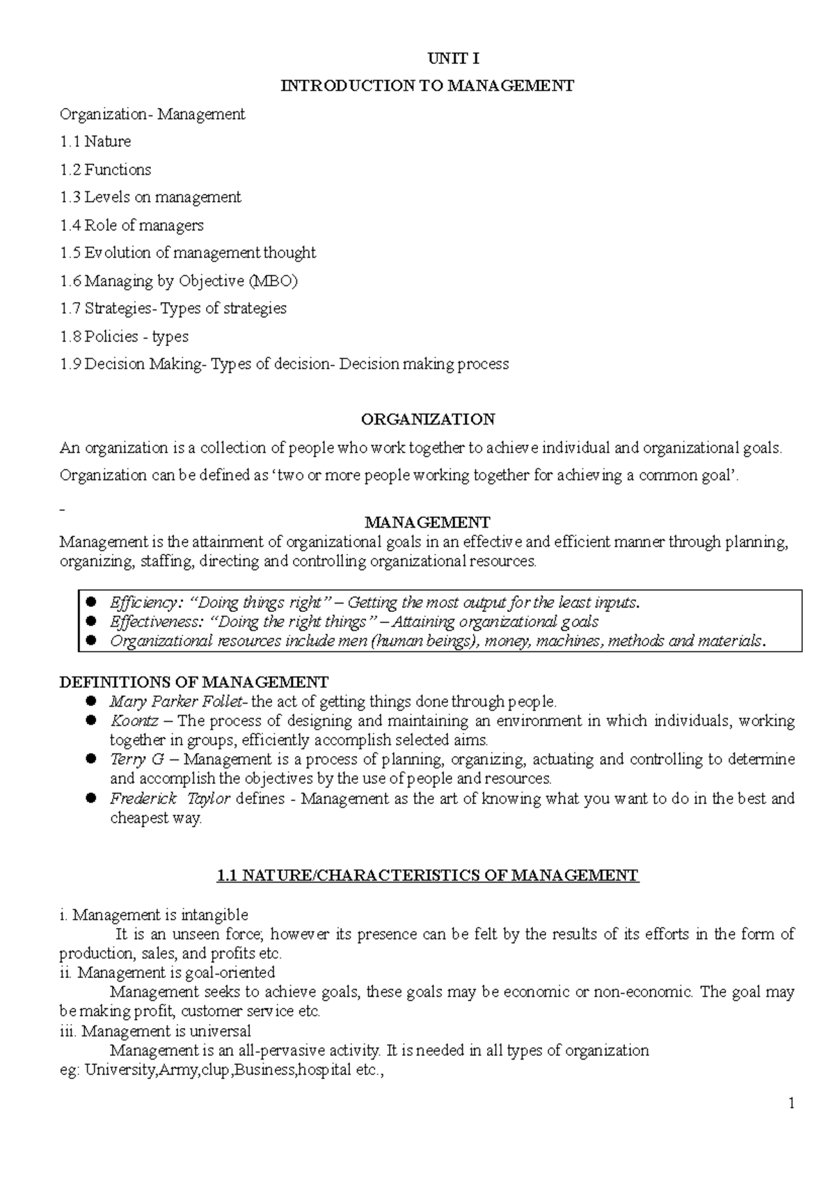 MOB-Unit-01 - MANAGEMENT and OPERATION MANAGEMENT - UNIT I INTRODUCTION ...