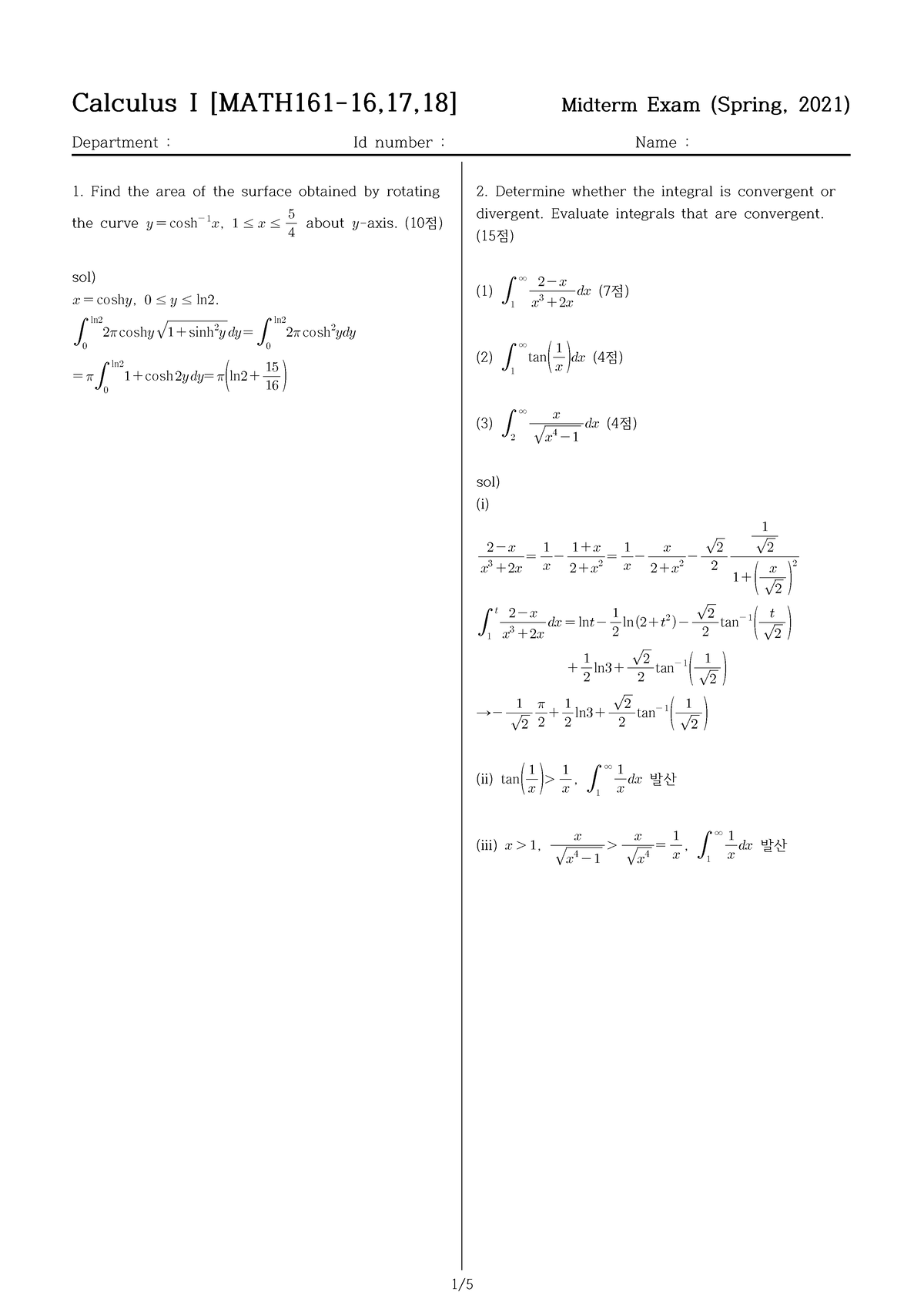 2021년 1학기 미적1 전전 (참고해설) - 기출문제 - Calculus I [MATH161-16,17,18] Midterm Exam (Spring, 2021) - Studocu