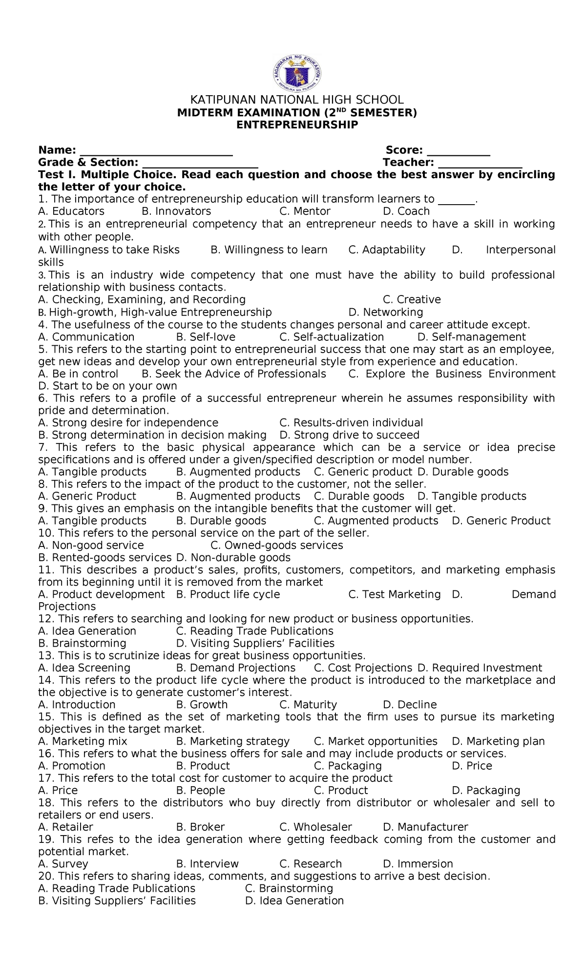 Entrep Midterm Exam April 19,2023 2nd sem - KATIPUNAN NATIONAL HIGH ...