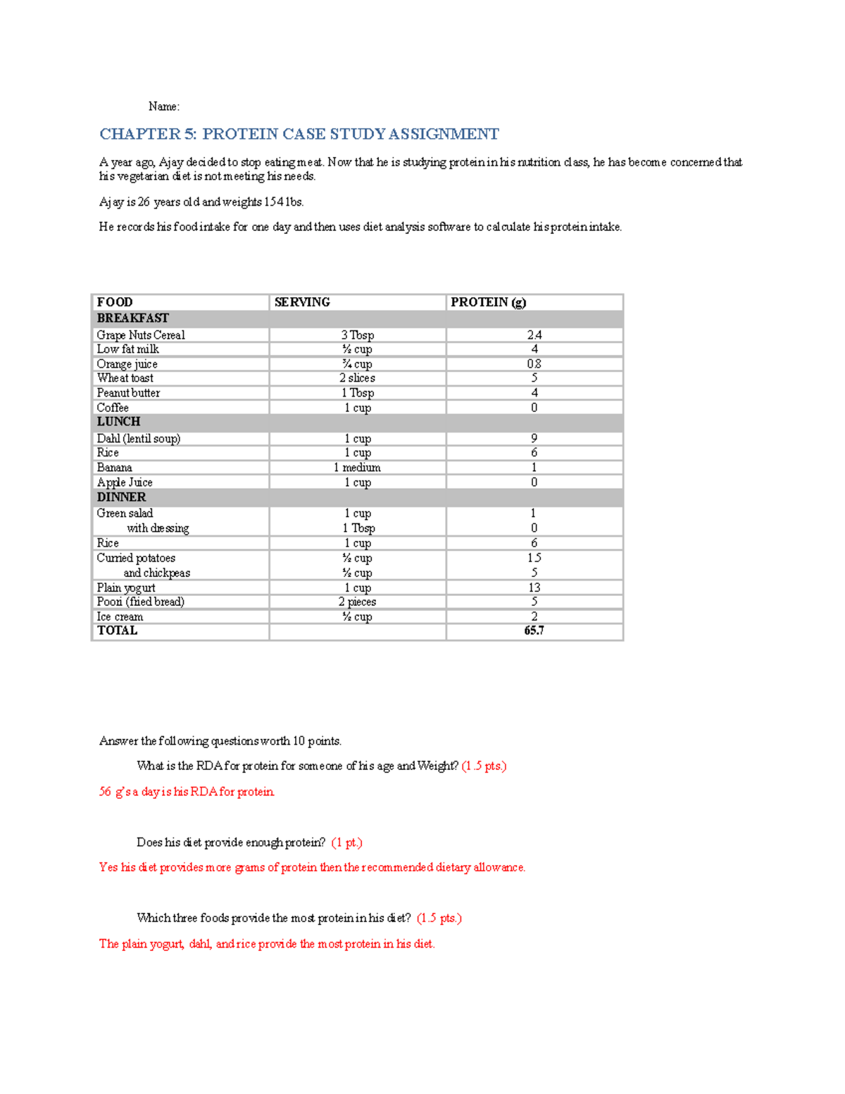 Ch 5 case study - Name: CHAPTER 5: PROTEIN CASE STUDY ASSIGNMENT A year ...