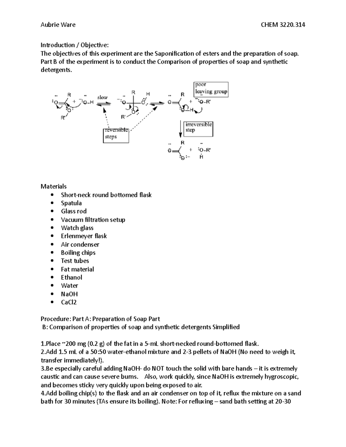 Saponification of Esters and Soap Preparation: Comparison of Soap and Synthetic Detergents - Studocu