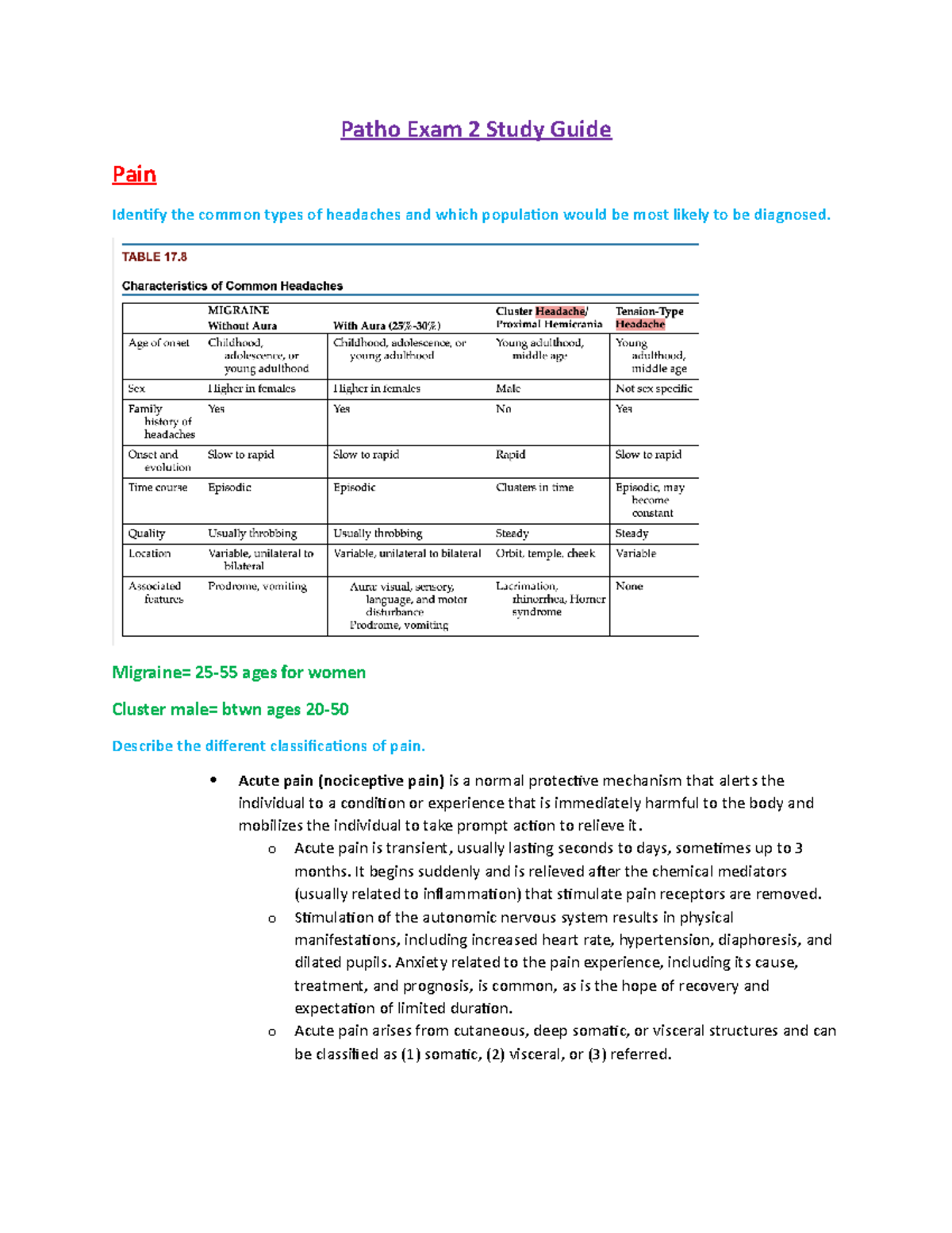 Patho Exam 2 SG - Exam study guide - Patho Exam 2 Study Guide Pain Identify the common types of ...