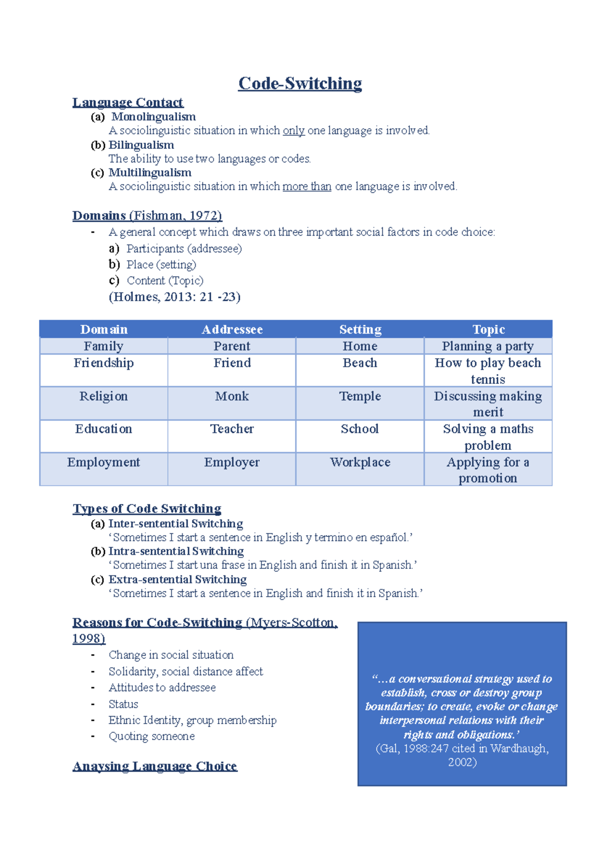 Code Switching - Lecture notes 6 - Code-Switching Language Contact (a ...