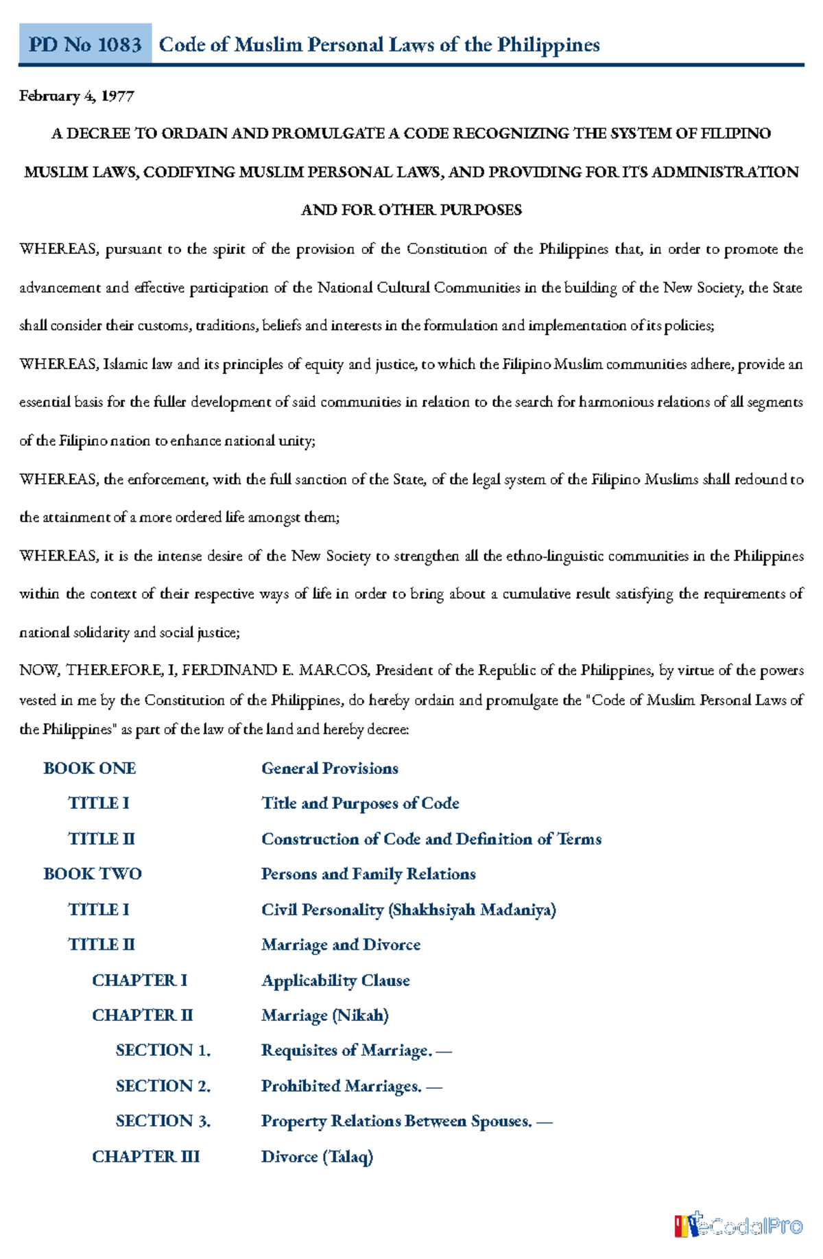 PD 1083 - Reading Materials - PD No 1083 Code of Muslim Personal Laws ...