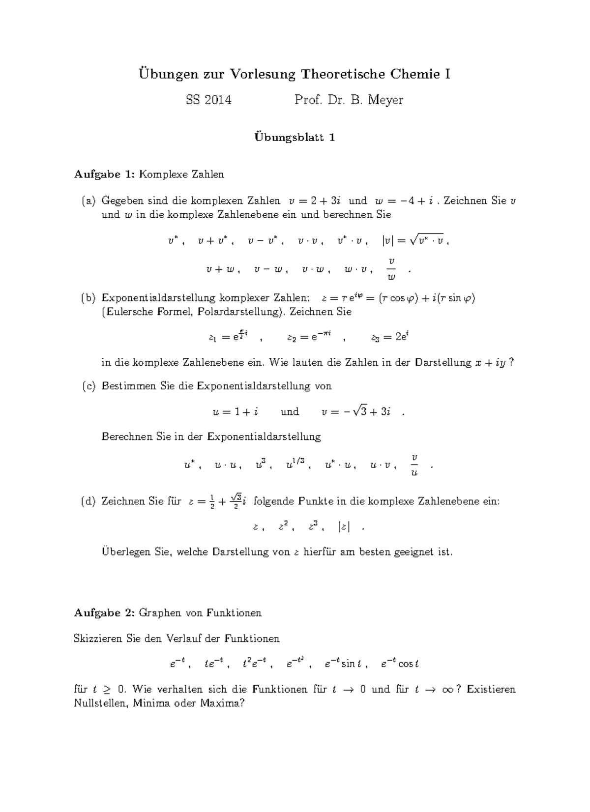 Theoretische Chemie 1 Übungen - Übungen zur Vorlesung Theoretische ...