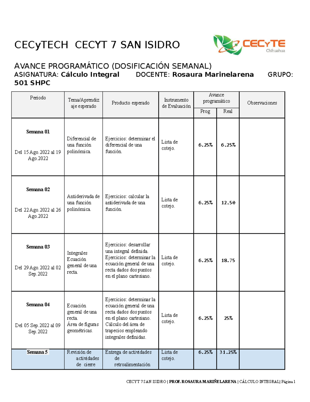 Avance Programático Cálculo Integral 501 SHPC - CECyTECH CECYT 7 SAN ...