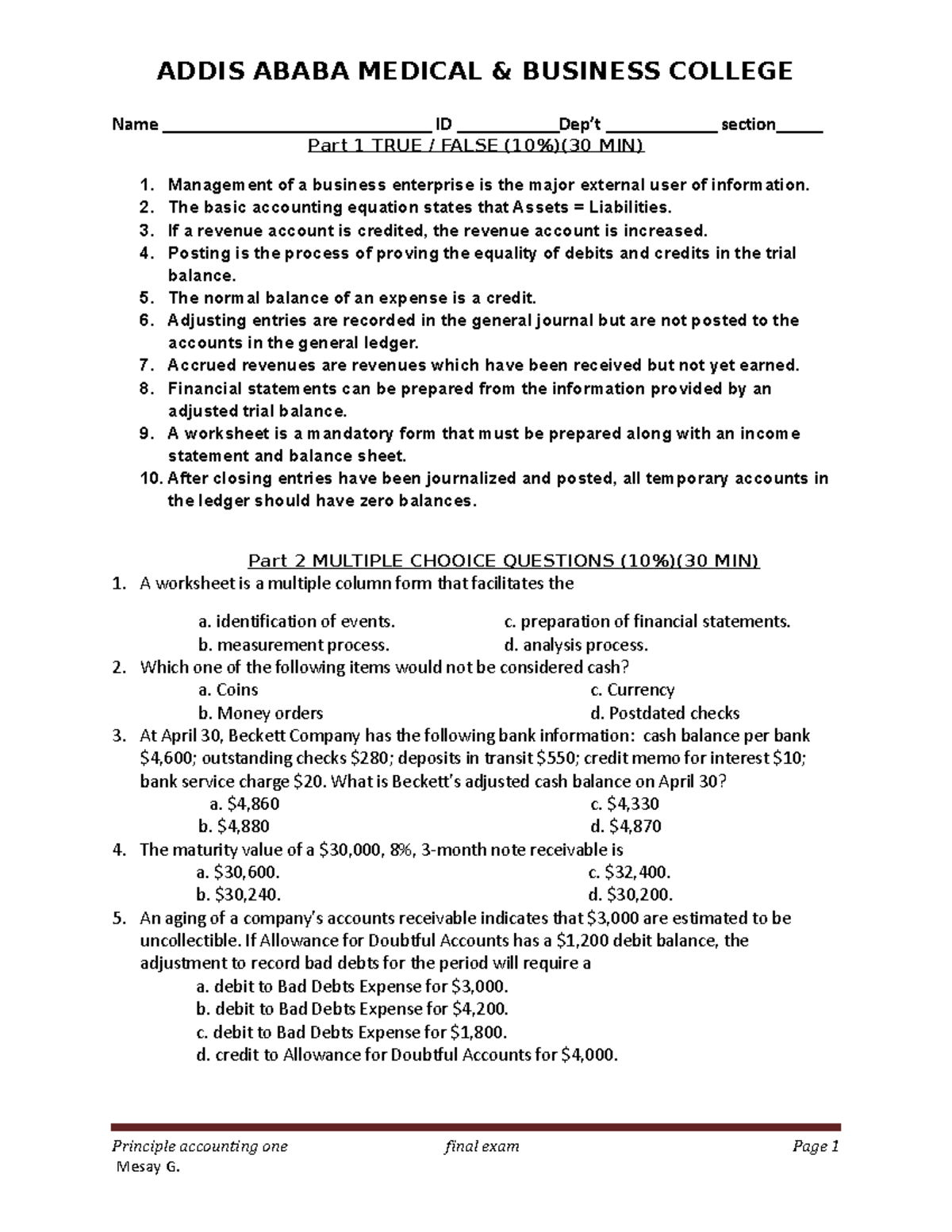 Distance exam - EXAM - ADDIS ABABA MEDICAL & BUSINESS COLLEGE Name