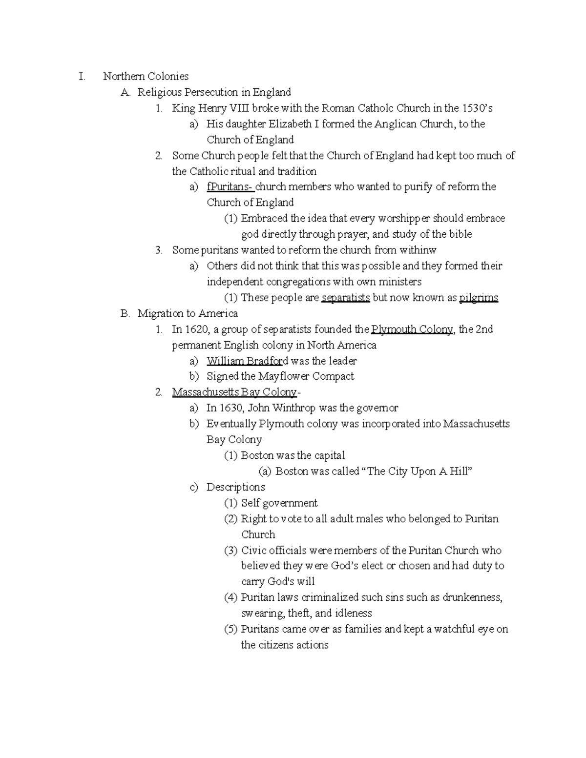 US History- Chapter 3 - Notes - I. Northern Colonies A. Religious ...