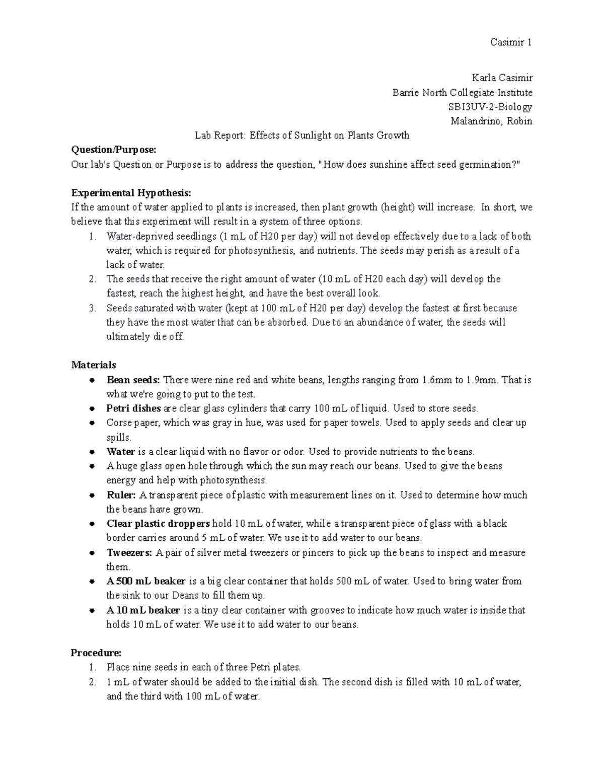 Lab Report Effects Of Sunlight On Plants Growth Karla Casimir Barrie 