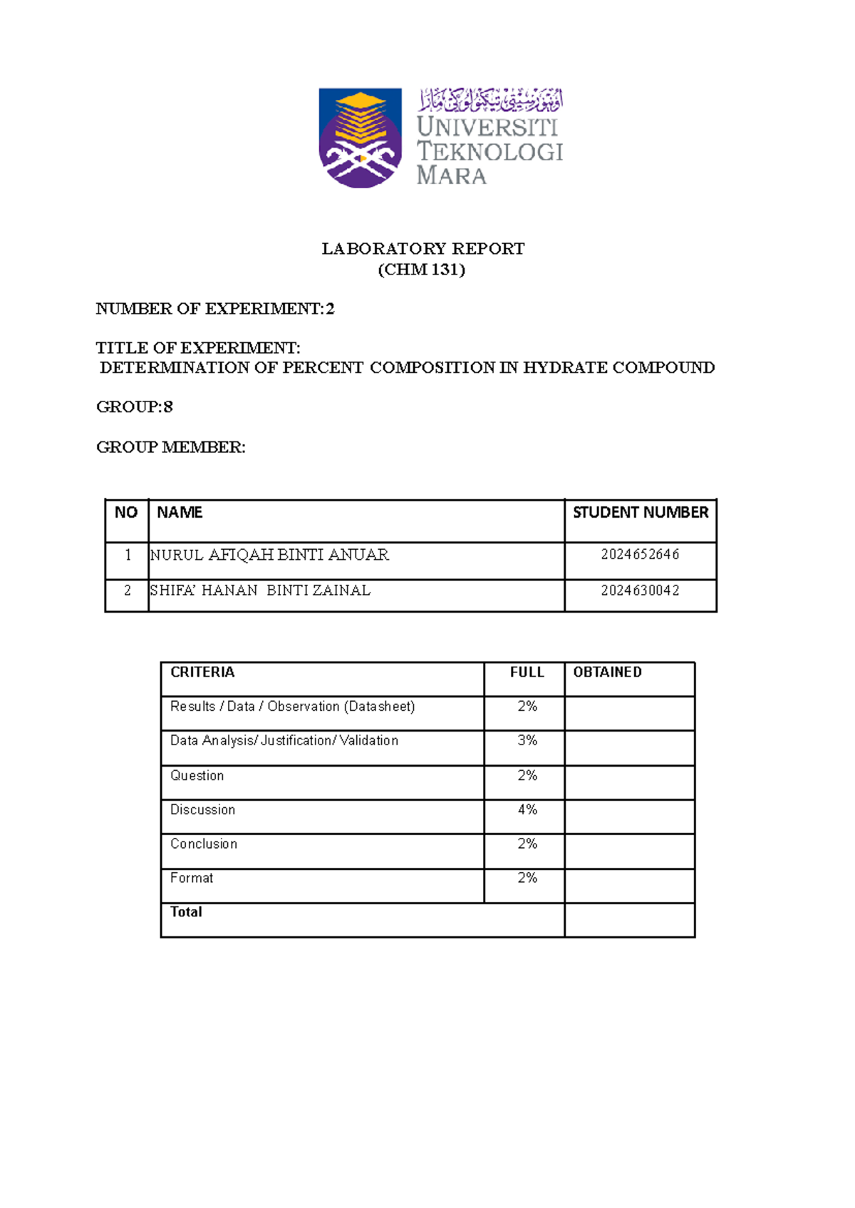 CHM LAB Report Experiment 3 - LABORATORY REPORT (CHM 131) NUMBER OF EXPERIMENT: TITLE OF ...