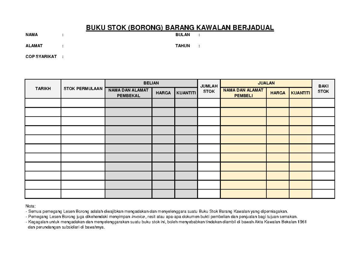 Format Buku Stok (Borong) - NAMA : BULAN : ALAMAT : TAHUN : COP ...