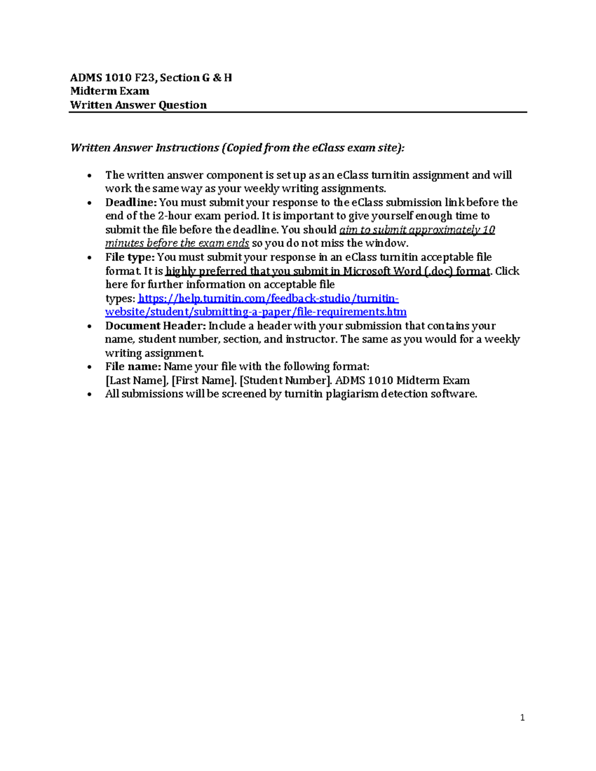 WAQ Midterm F23 ONLN - notes jf - ADMS 1010 F23, Section G & H Midterm ...