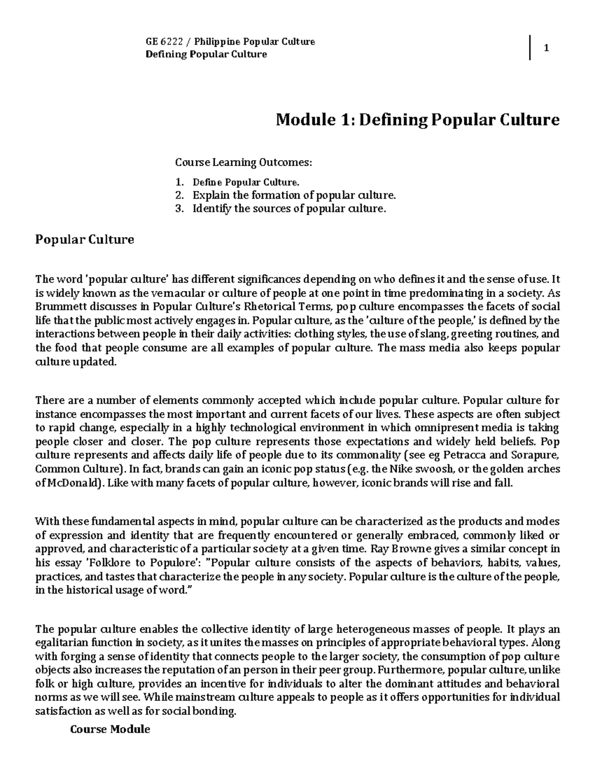 W1 - Module-001 Defining Popular Culture - Defining Popular Culture 1 ...