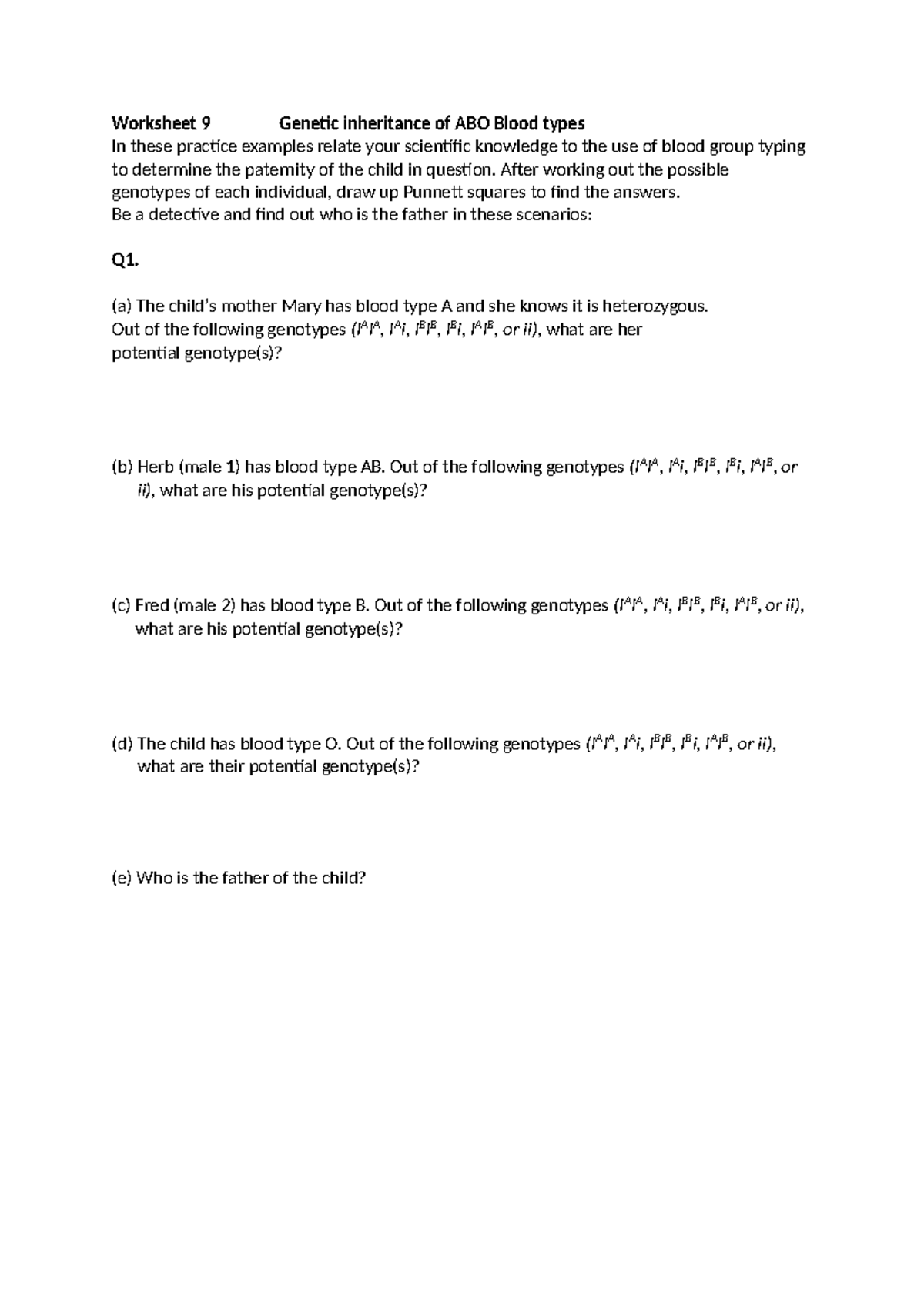 Worksheet Genetic inheritance of ABO Blood types - After working out ...