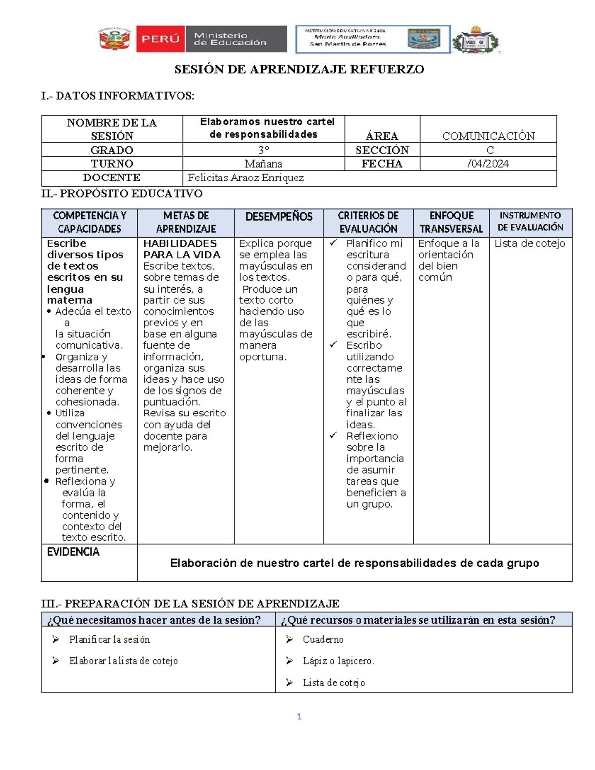 Sesion DE Comunicación -Elaboramos nuestro cartel de responsabilidades ...