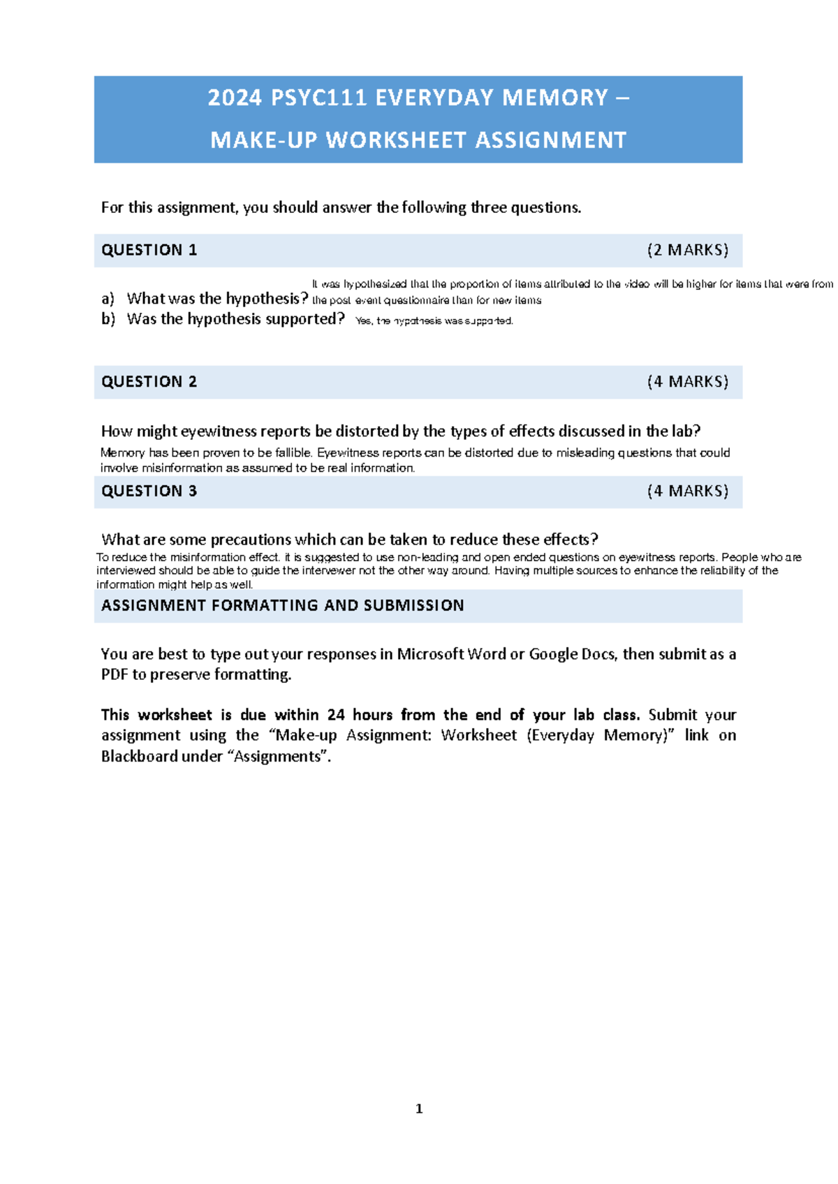 PSYC111 2024 Everyday Memory - 1 2024 PSYC111 EVERYDAY MEMORY – MAKE-UP WORKSHEET ASSIGNMENT For ...