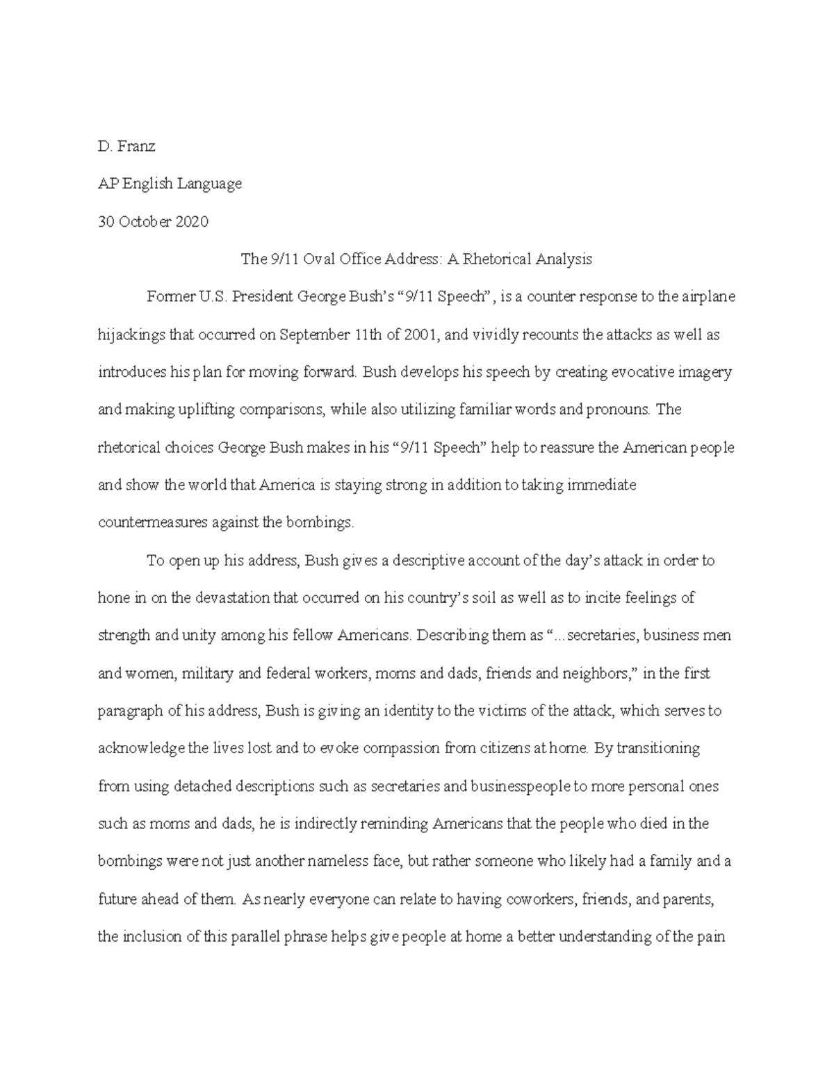Rhetorical Analysis Essay - D. Franz AP English Language 30 October ...