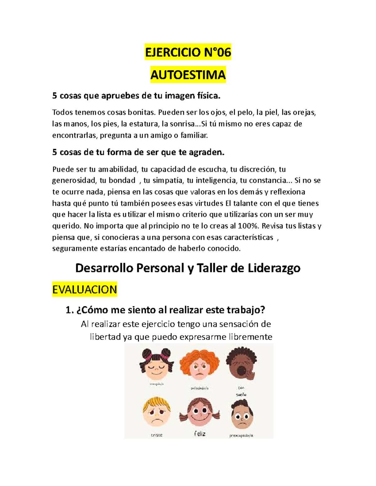 Ejercicio 06 - EJERCICIO N° AUTOESTIMA 5 cosas que apruebes de tu ...