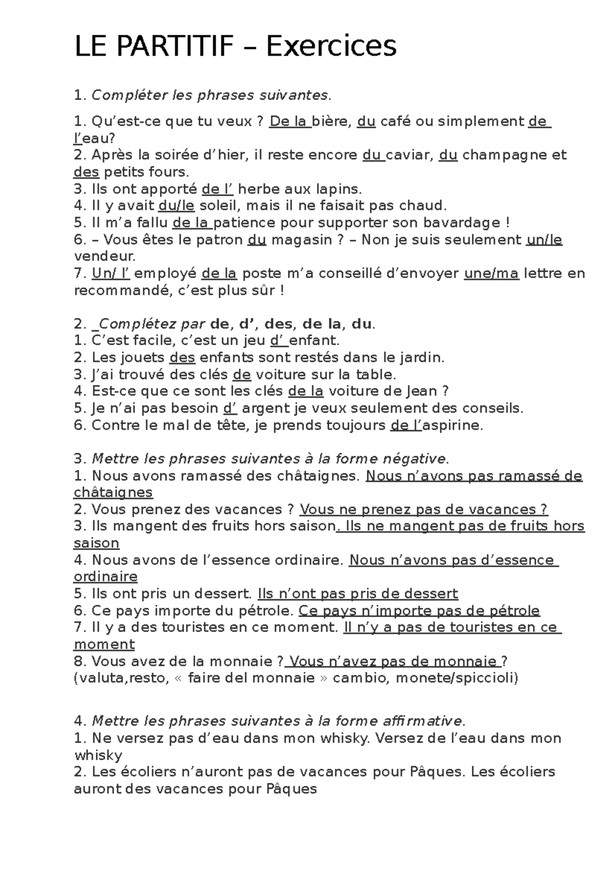 LE Partitif Exercices - LE PARTITIF – Exercices Compléter les phrases ...