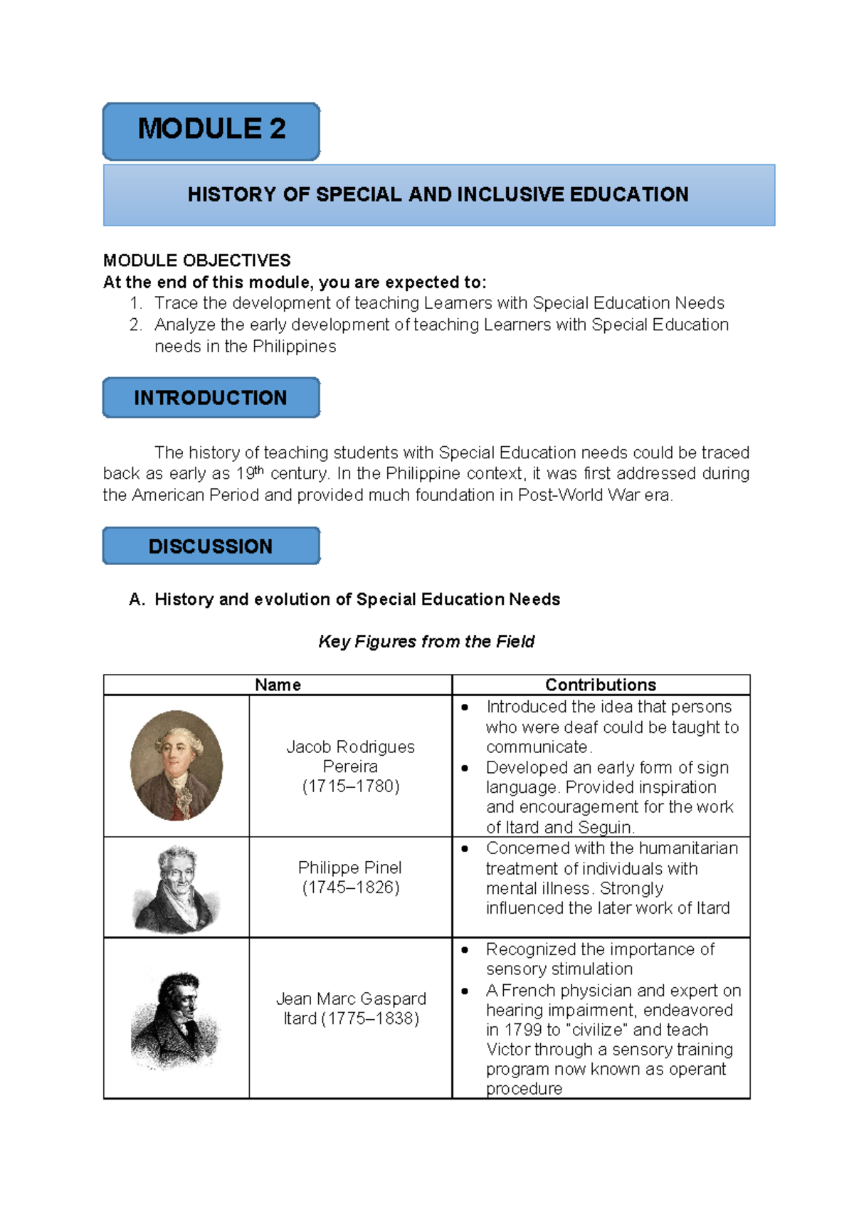 Module 2 History of Special and Inclusive Education - MODULE OBJECTIVES ...