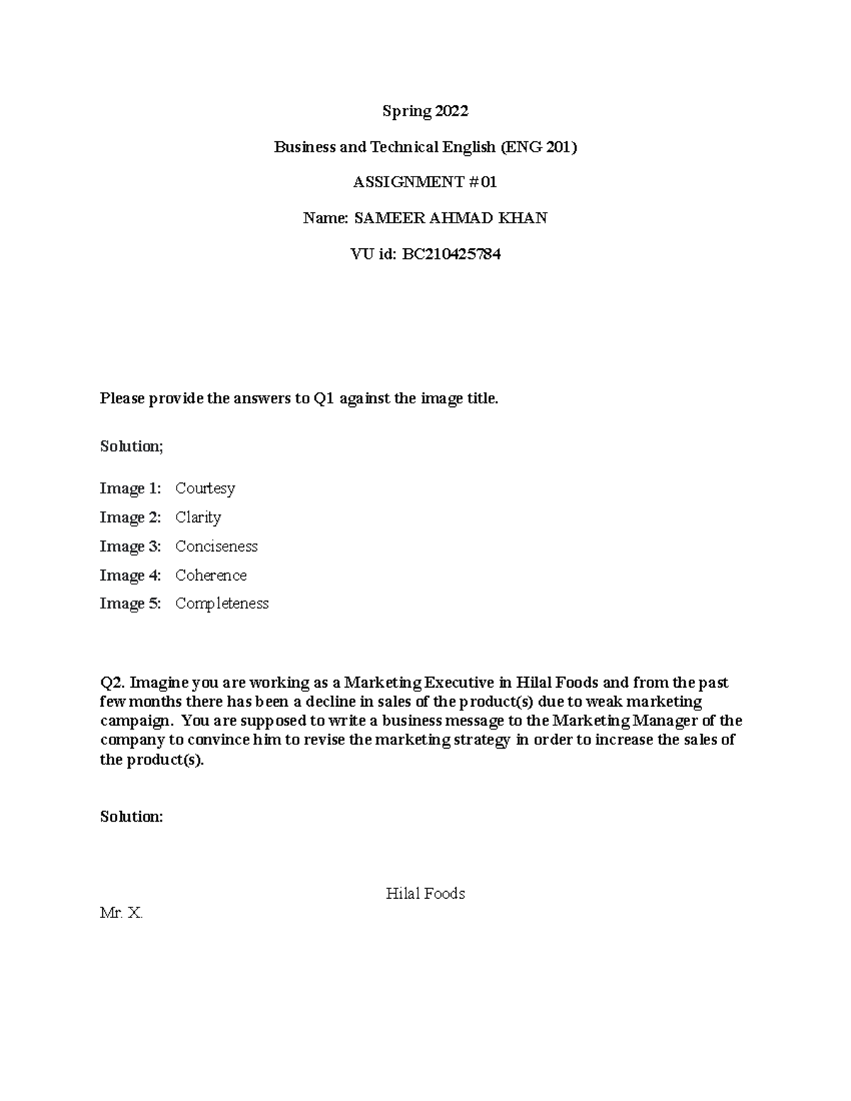 Eng 201 Assignment No 1 - Spring 2022 Business and Technical English (ENG 201) ASSIGNMENT # 01 ...