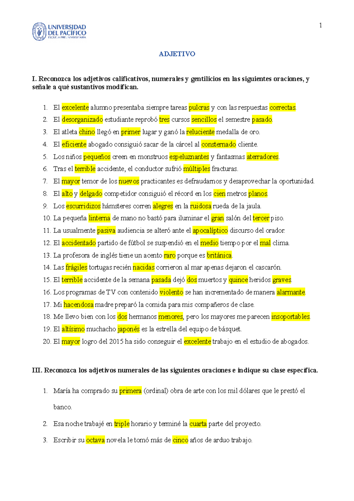 2 Adjetivo - Preparación para el examen - ADJETIVO I. Reconozca los ...