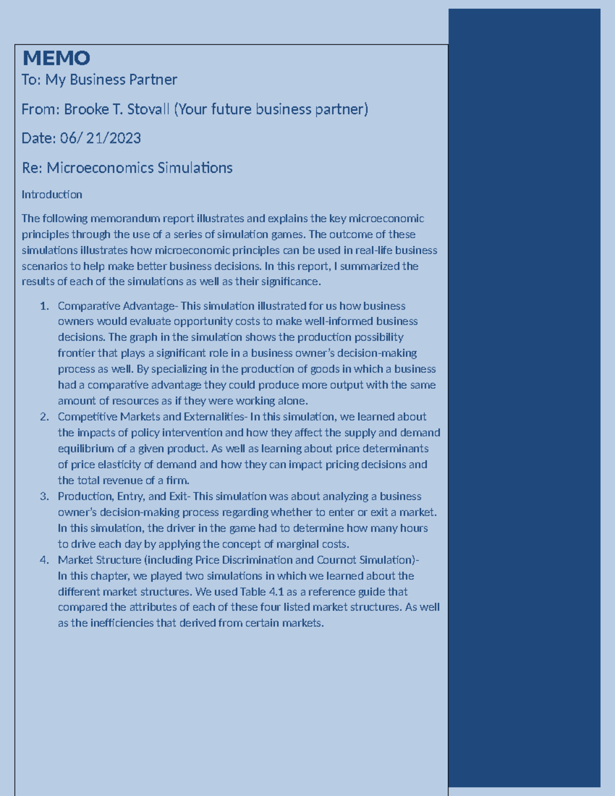 Microeconomics Final Project - MEMO To: My Business Partner From ...