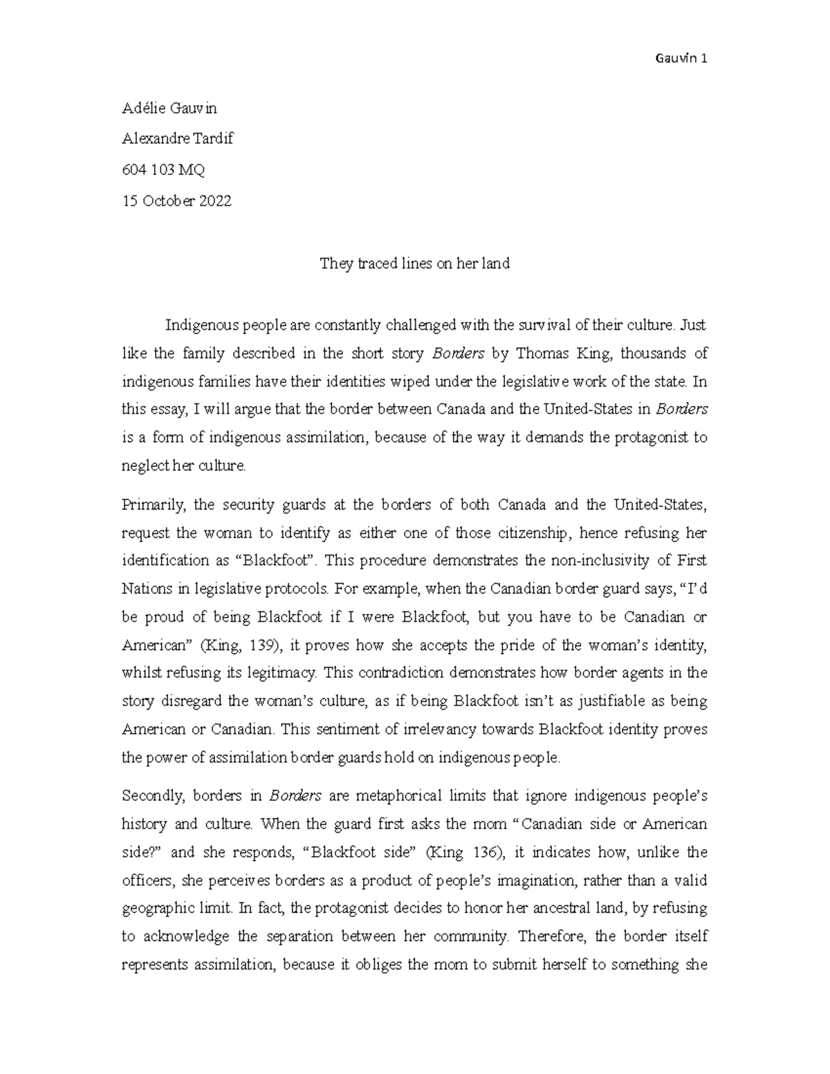 Essay Borders - Gauvin 1 Adélie Gauvin Alexandre Tardif 604 103 MQ 15 ...