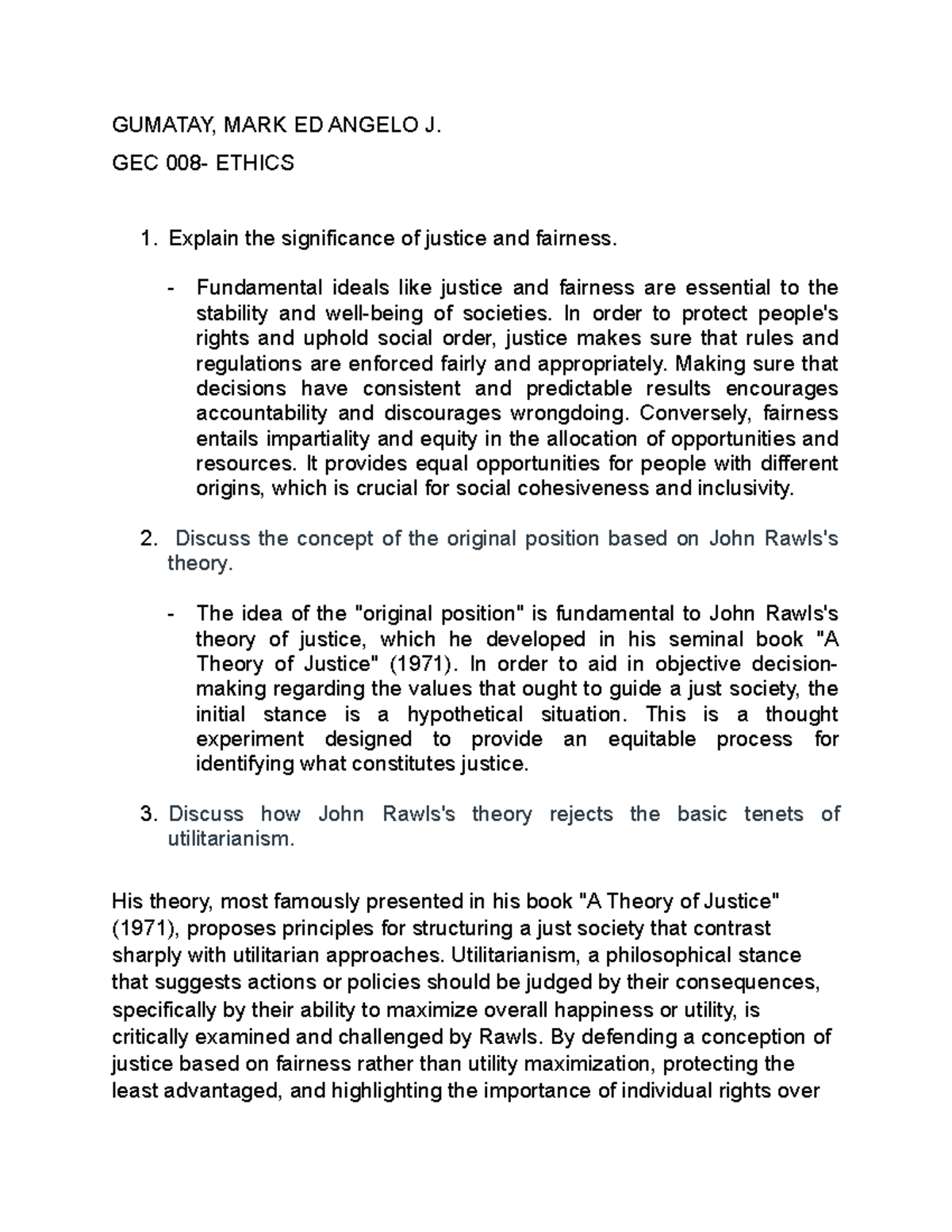 ethics reflection - GUMATAY, MARK ED ANGELO J. GEC 008- ETHICS Explain ...