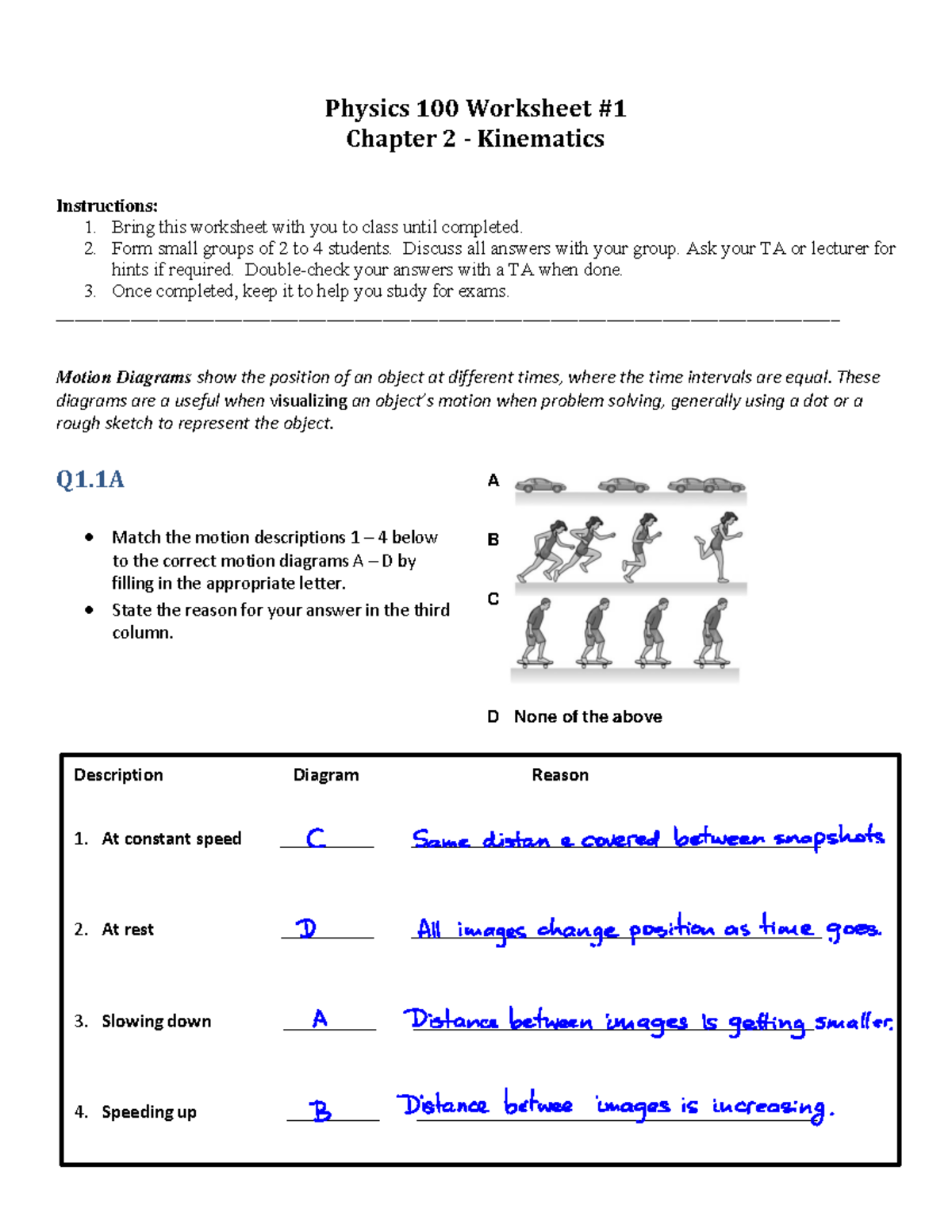 Worksheet 1 Kinematics 2022 Solutions - Physics 100 Worksheet Chapter 2 ...