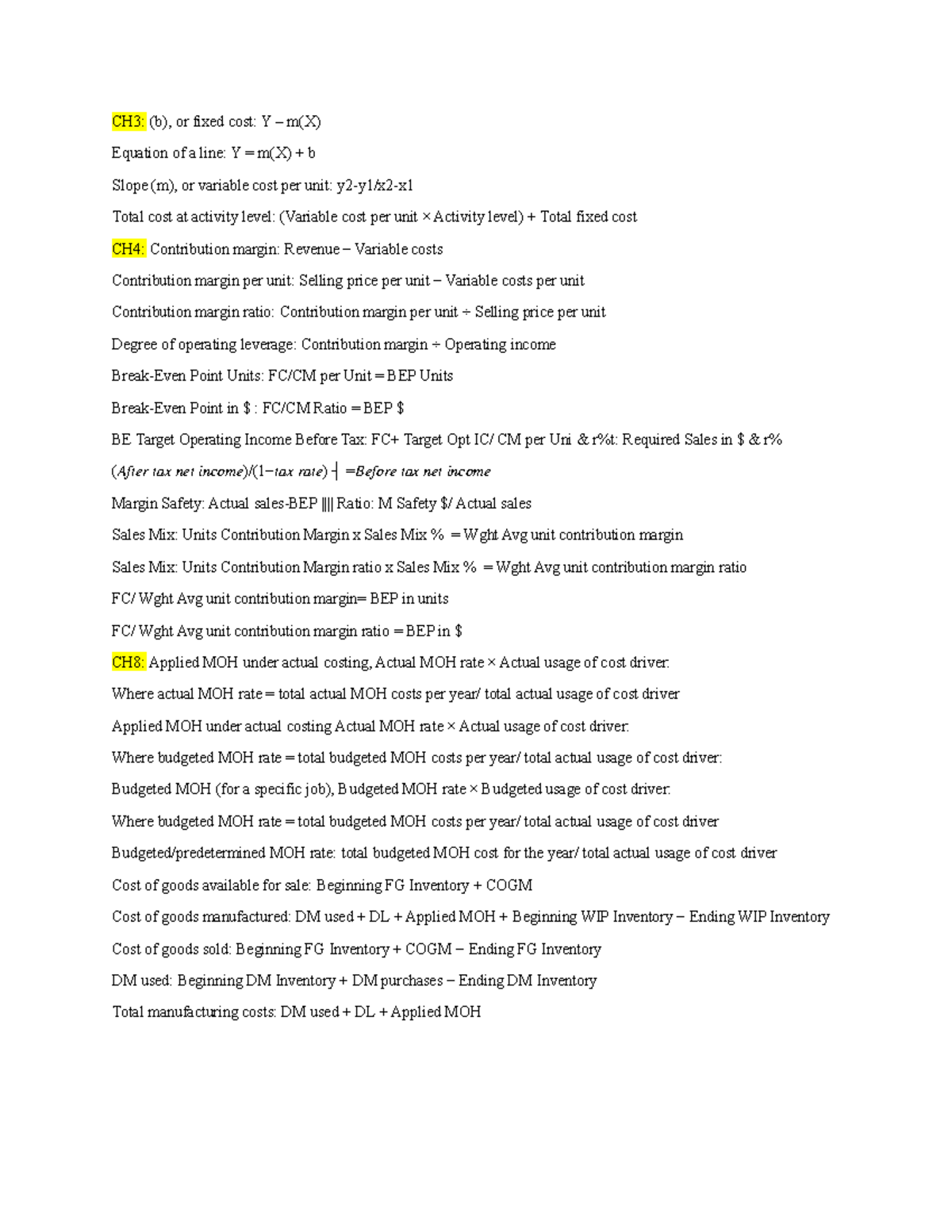 Cheat Sheet - notes - CH3: (b), or fixed cost: Y – m(X) Equation of a ...