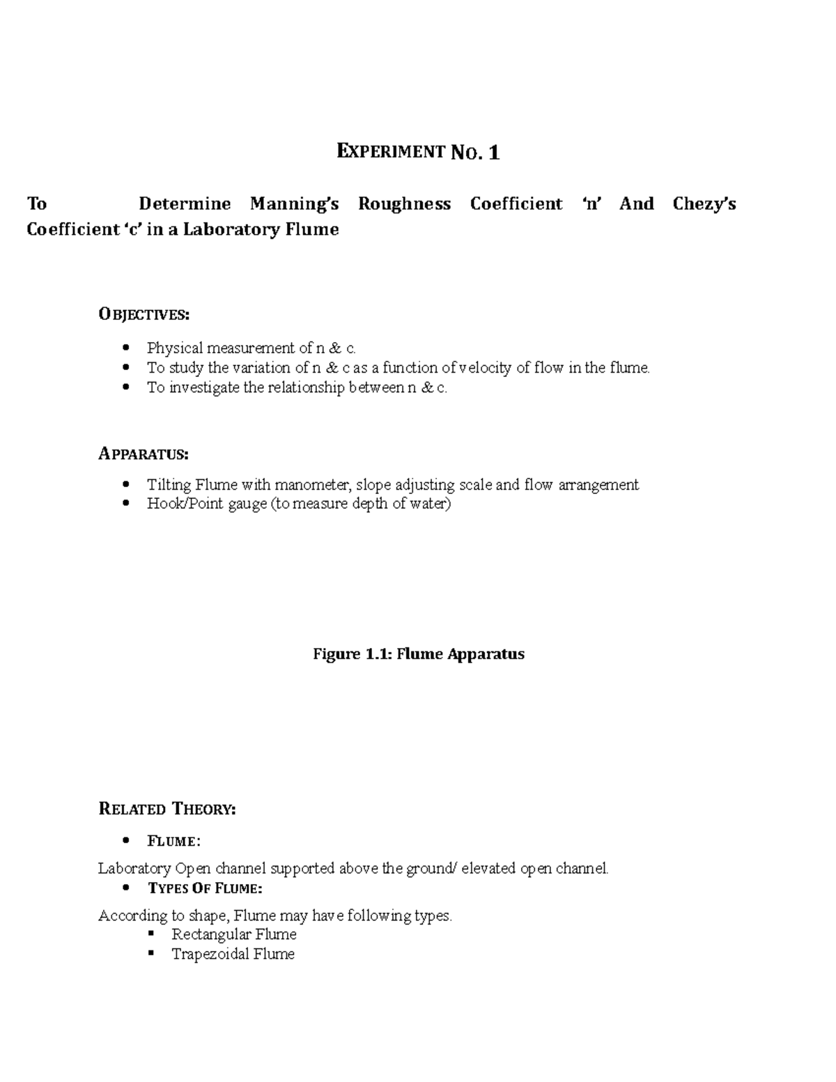 Manual experimental flume experiments - EXPERIMENT NO. 1 To Determine ...