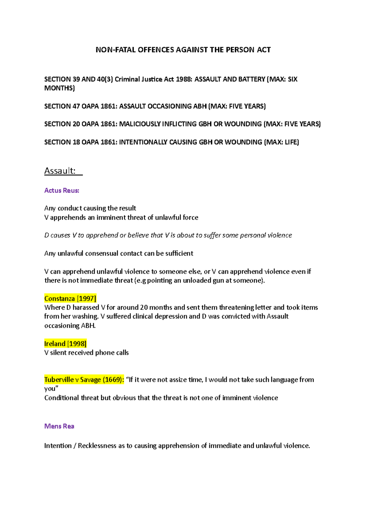 Assault and Battery CJA 1988 - NON-FATAL OFFENCES AGAINST THE PERSON ...