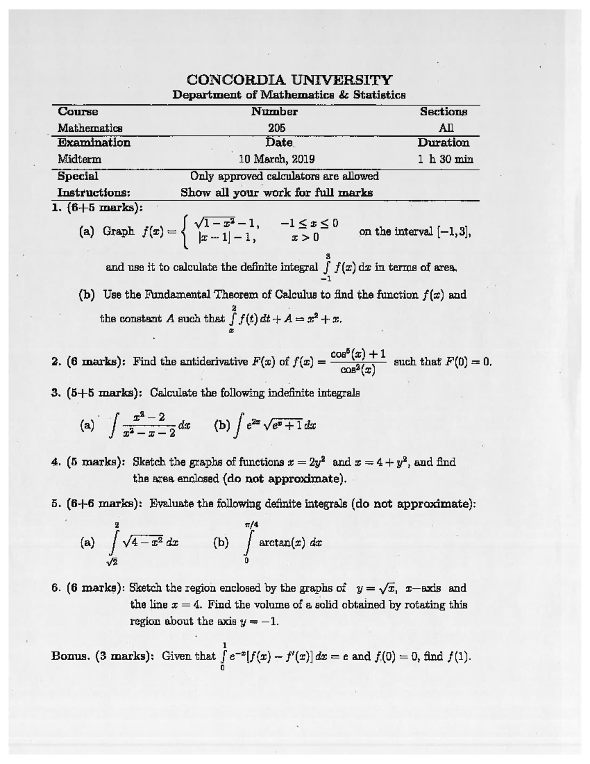 Midterm 14 March Winter 2019, questions - MATH 205 - Studocu