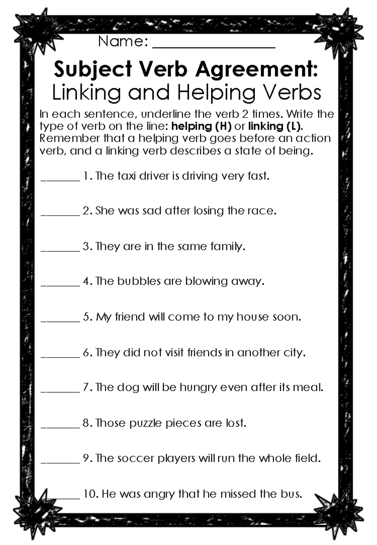 Linking Verbsand Helping Verbs-1 - Name: ________________ Subject Verb ...