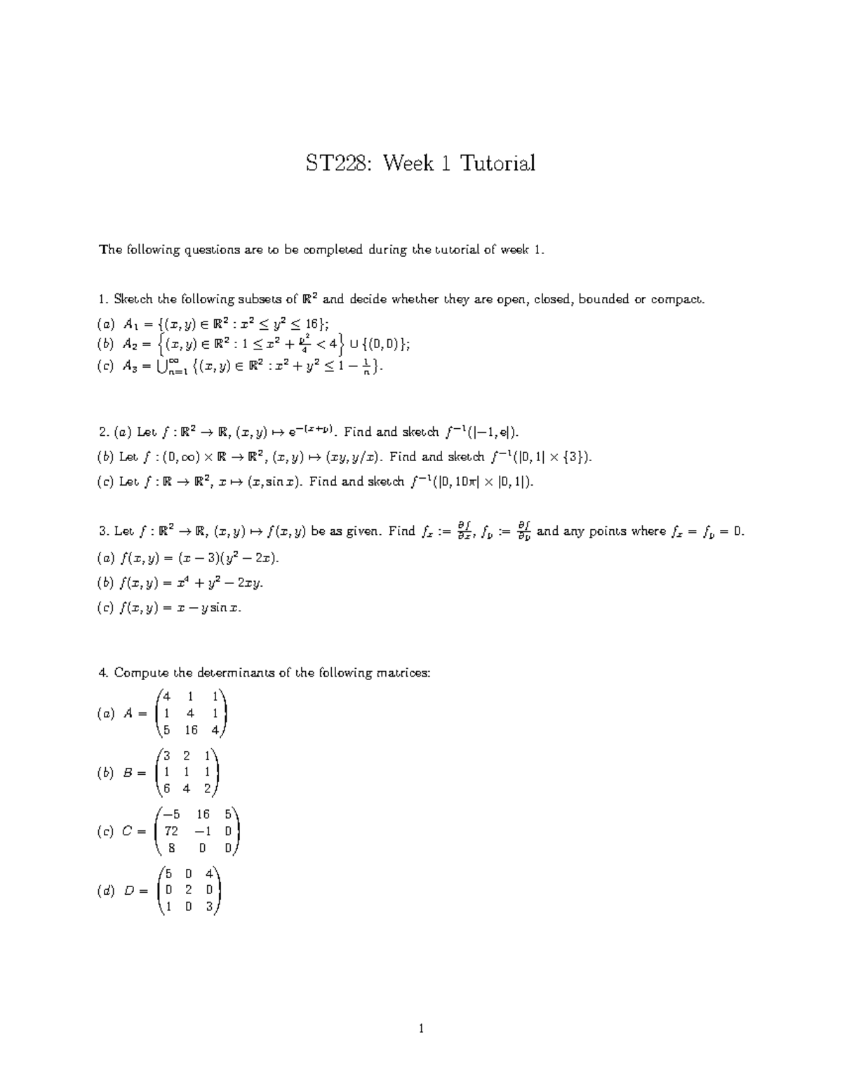 2024 Tutorial 1 - bun - ST228: Week 1 Tutorial The following questions are to be completed ...