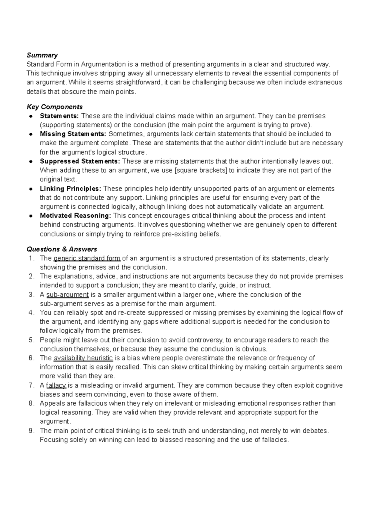 Module Notes Week 2 - Summary Standard Form in Argumentation is a ...