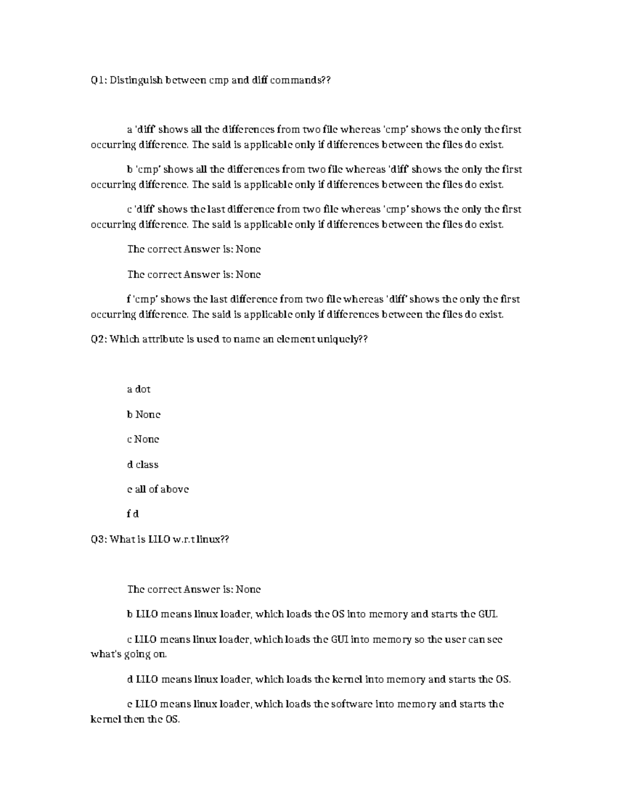 5 Answer for BGWN - Final - Q1: Distinguish between cmp and diff commands?? a ‘diff’ shows all ...