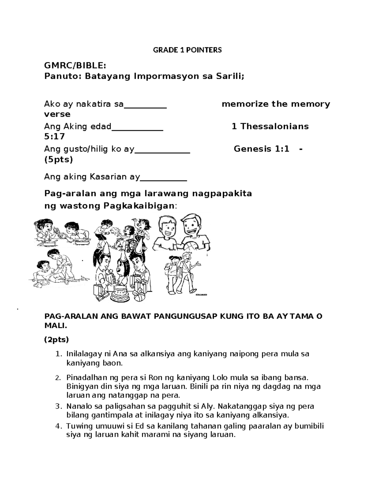 Grade-1- Pointers - Exam - . . GRADE 1 POINTERS GMRC/BIBLE: Panuto ...