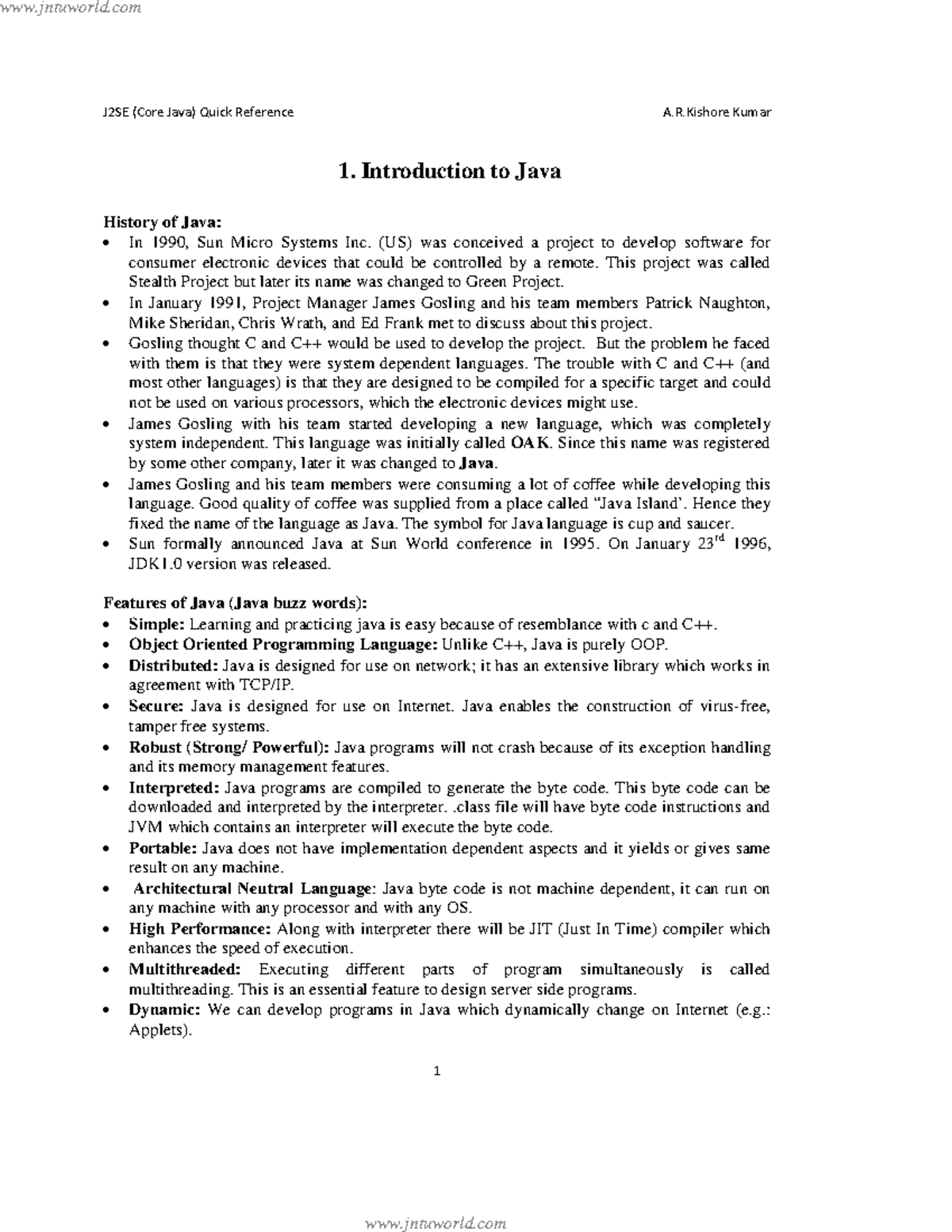 Core Java kishor kumar-pages-8-56 - J2SE (Core Java) Quick Reference A.R Kumar 1 1. Introduction ...