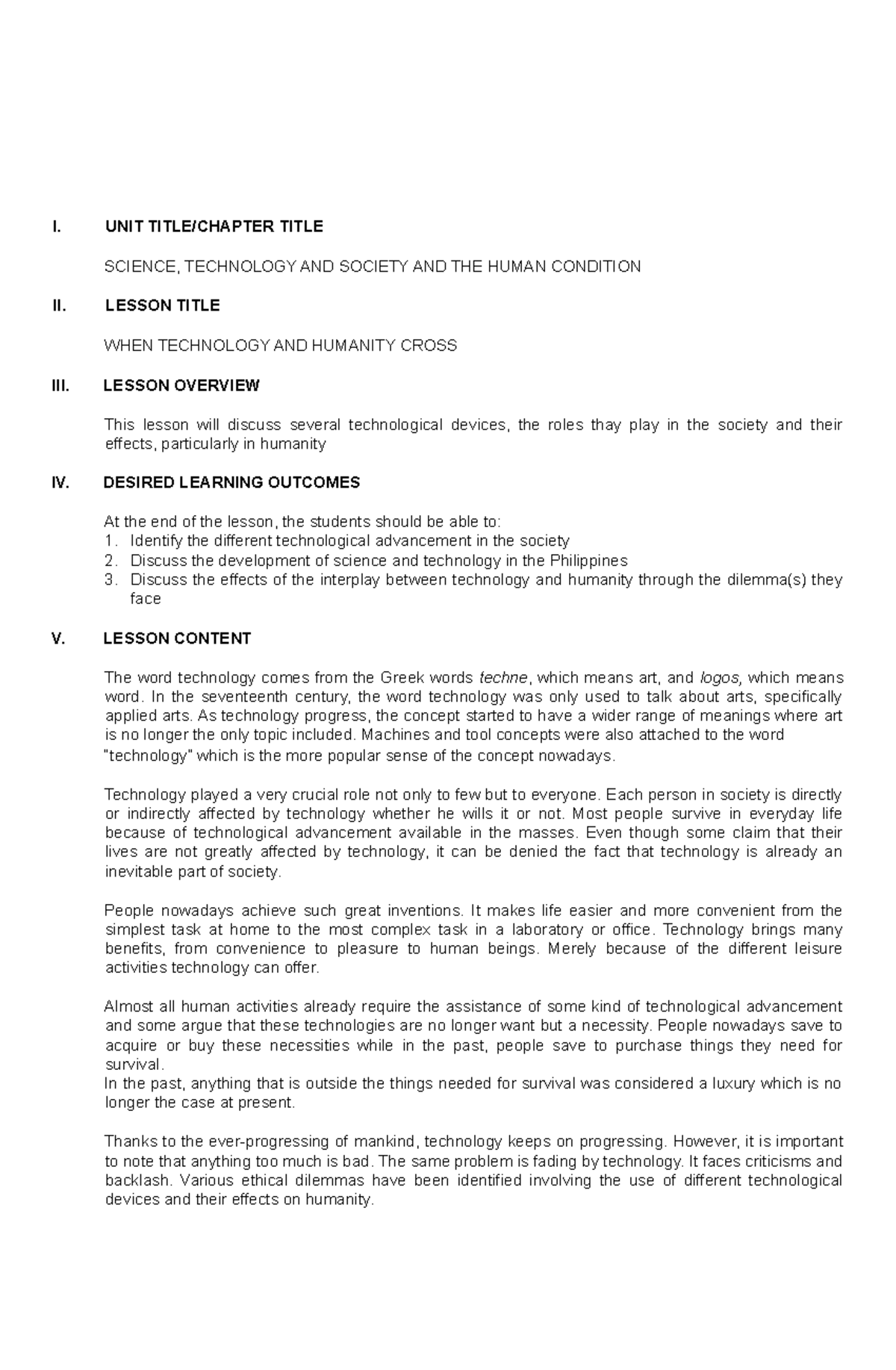 STS Lesson 10 When Technology and Humanity Cross - I. UNIT TITLE ...