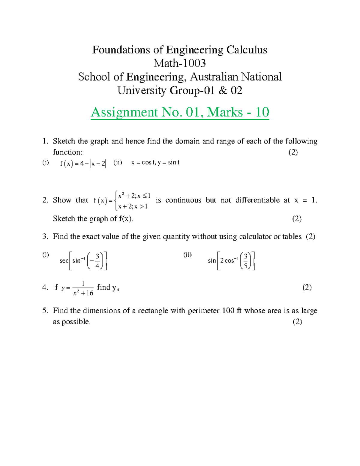 Assignment N0 01 Group 01 02 Math 1003 - Foundations of Engineering ...