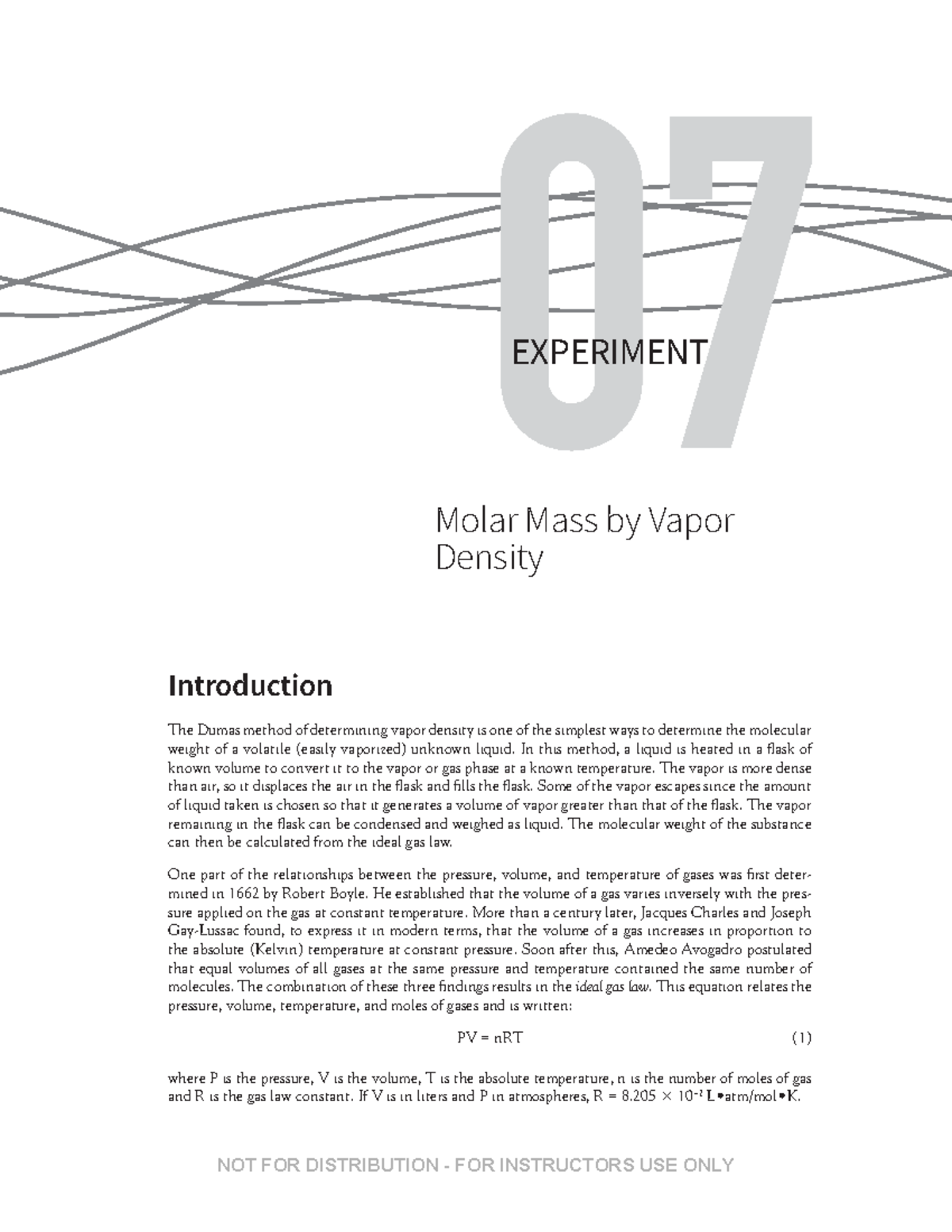 Lab 7 - Molar Mass by Vapor Density - 07 EXPERIMENT Molar Mass by Vapor ...