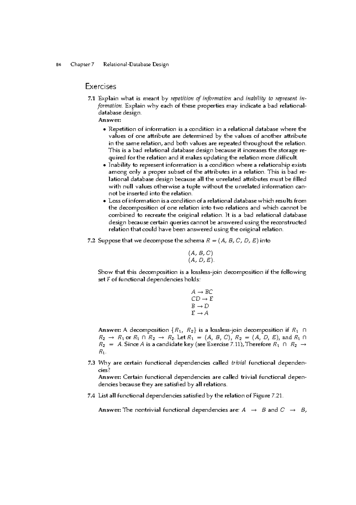 Exercise-losslessch 7 - 84 Chapter 7 Relational-Database Design Exercises 7 Explain what is ...