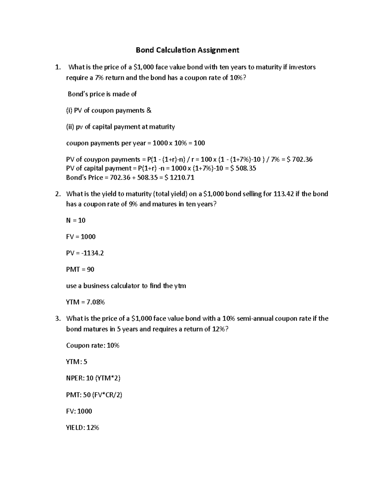 Bond Study Assignment - Jay Brandi - Bond Calculation Assignment 1 ...