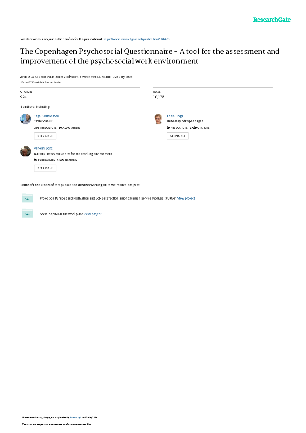 The Copenhagen Psychosocial Questionnaire - A tool - 5271/sjweh ...