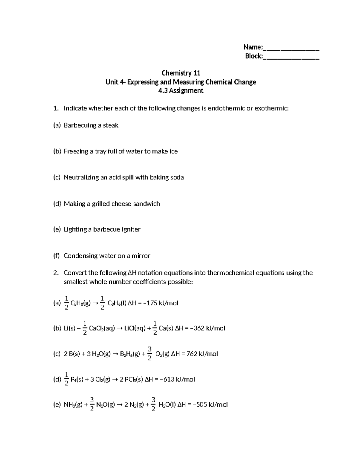 Chemistry 11 4.3 Practice Problems - Name:________________ Block ...